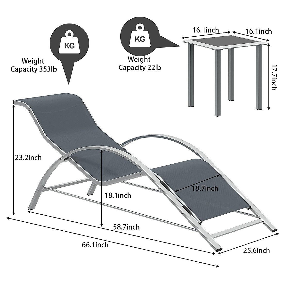 Patio Chaise Lounge Set of 3, Outdoor Pool Lounge Chair Beach Sunbathing Lawn Lounger Recliner Chair, Backrest Tanning Chairs with Arm & Side Table for All Weather, Poolside, Deck, Balcony, Backyard