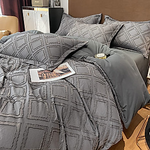 MorroMorn 5 PCS Boho Bedding Sets, Textured Duvet Cover Set, Tufted Comforter Covers, Diamond Jacquard Soft Breathable Neutral for Men Women Bed All Seasons (Grey, King/California King)