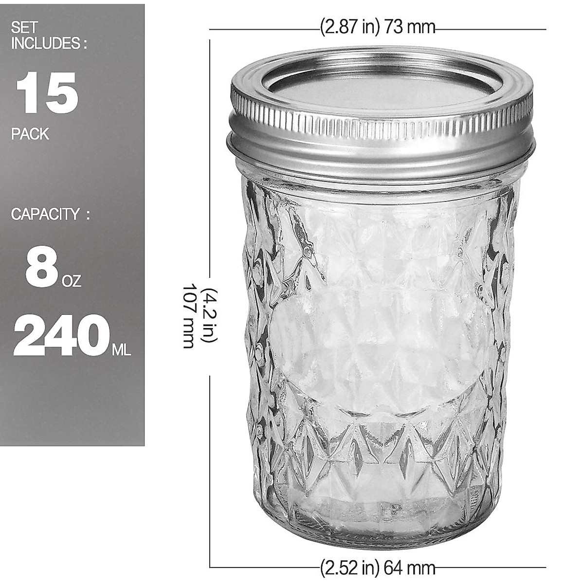 VERONES Mason Jars 8 OZ, 8 OZ Canning Jars Jelly Jars With Regular Lids, Ideal for Jam, Honey, Wedding Favors, Shower Favors, 15 PACK