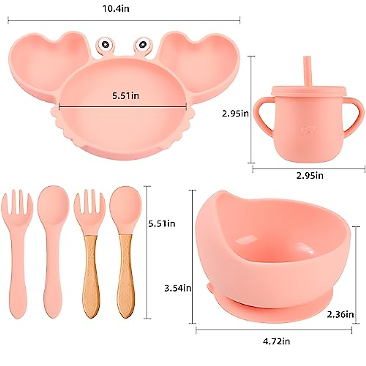 Baby Feeding Set, 9 in 1 Silicone Toddler Weaning Set- Adjustable Bib, Crab Pattern Divided Plate, Sucking Bowl, 2 Pairs of Feeding Spoons and Forks, Snack Cup, Drinking Cup for Babies and Toddler