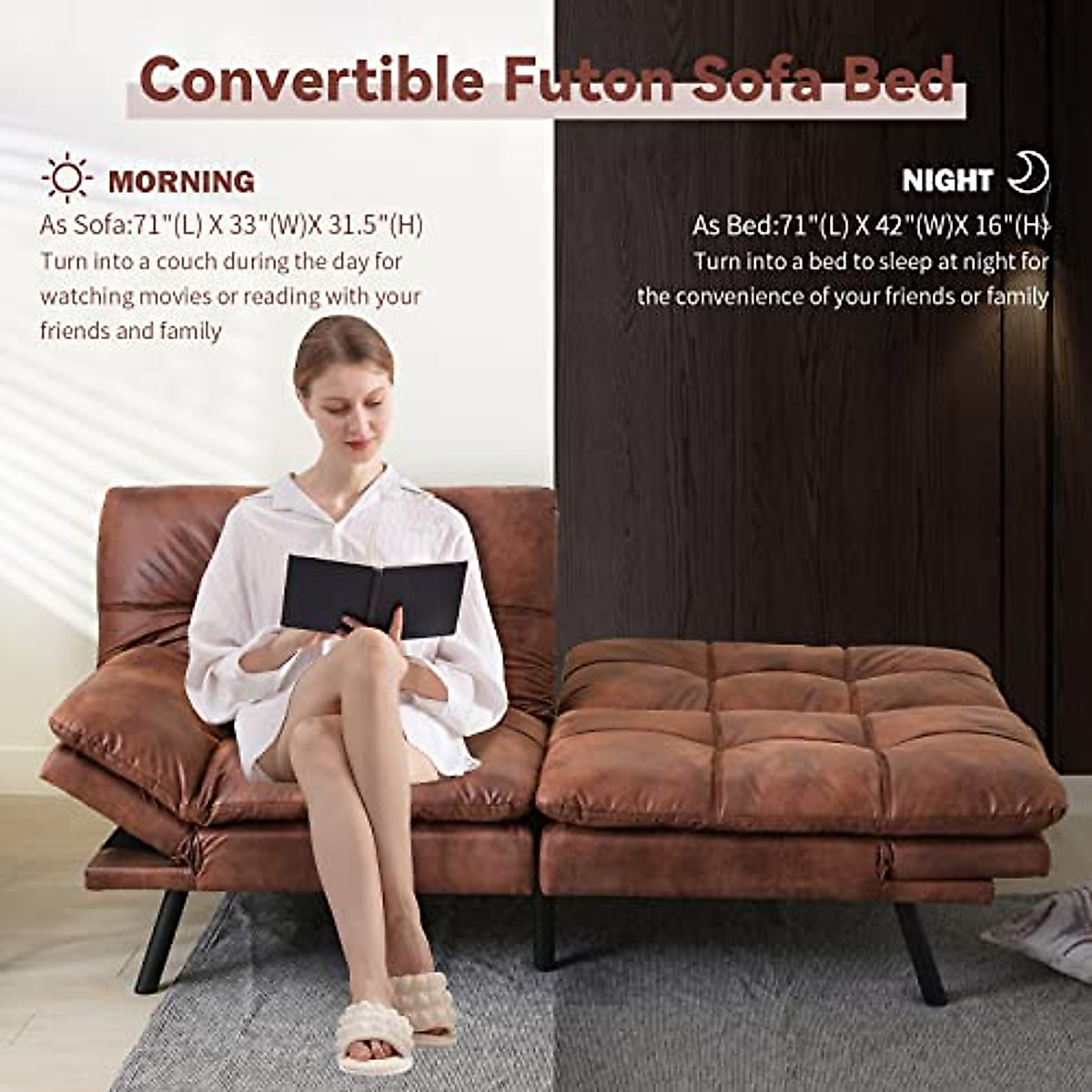 Opoiar, Memory Foam Loveseat, Modern Sleeper Couch Futon Sofa Bed, 71"X33"X31.5", Brown