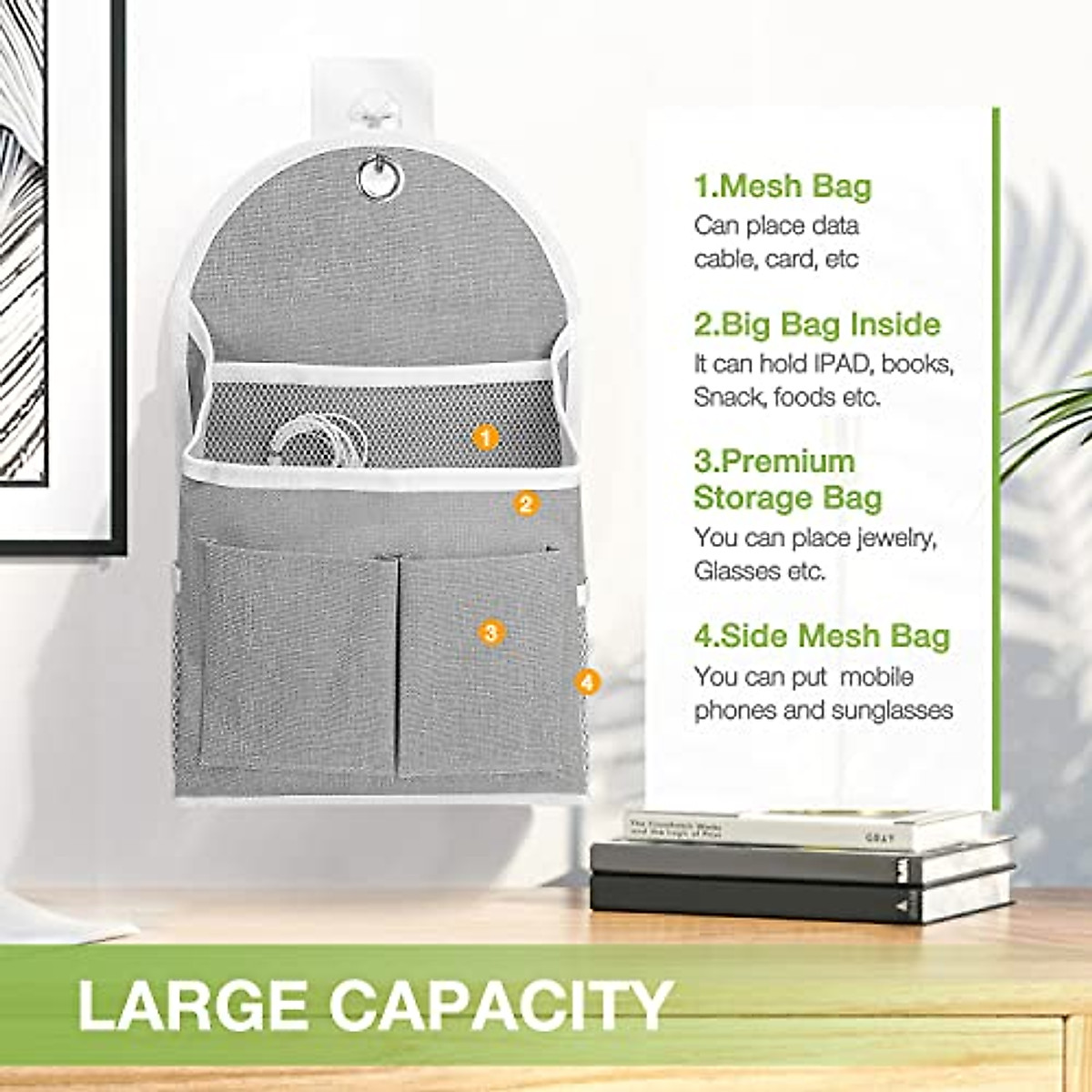 Ndeno 2 Pack Wall Hanging Organizer Bag with Pockets Fabric Storage Bag Basket Caddy Waterproof Over the Door Pouch Closet Shelves with Hook for Kitchen,Bedroom, Bathroom (Grey+Grey)