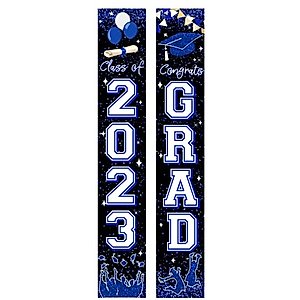 Graduation Party Decorations Blue and White Class of 2023 Graduation Hanging Porch Sign Congrats Banner for High School and College Graduation Party Decorations (Blue)