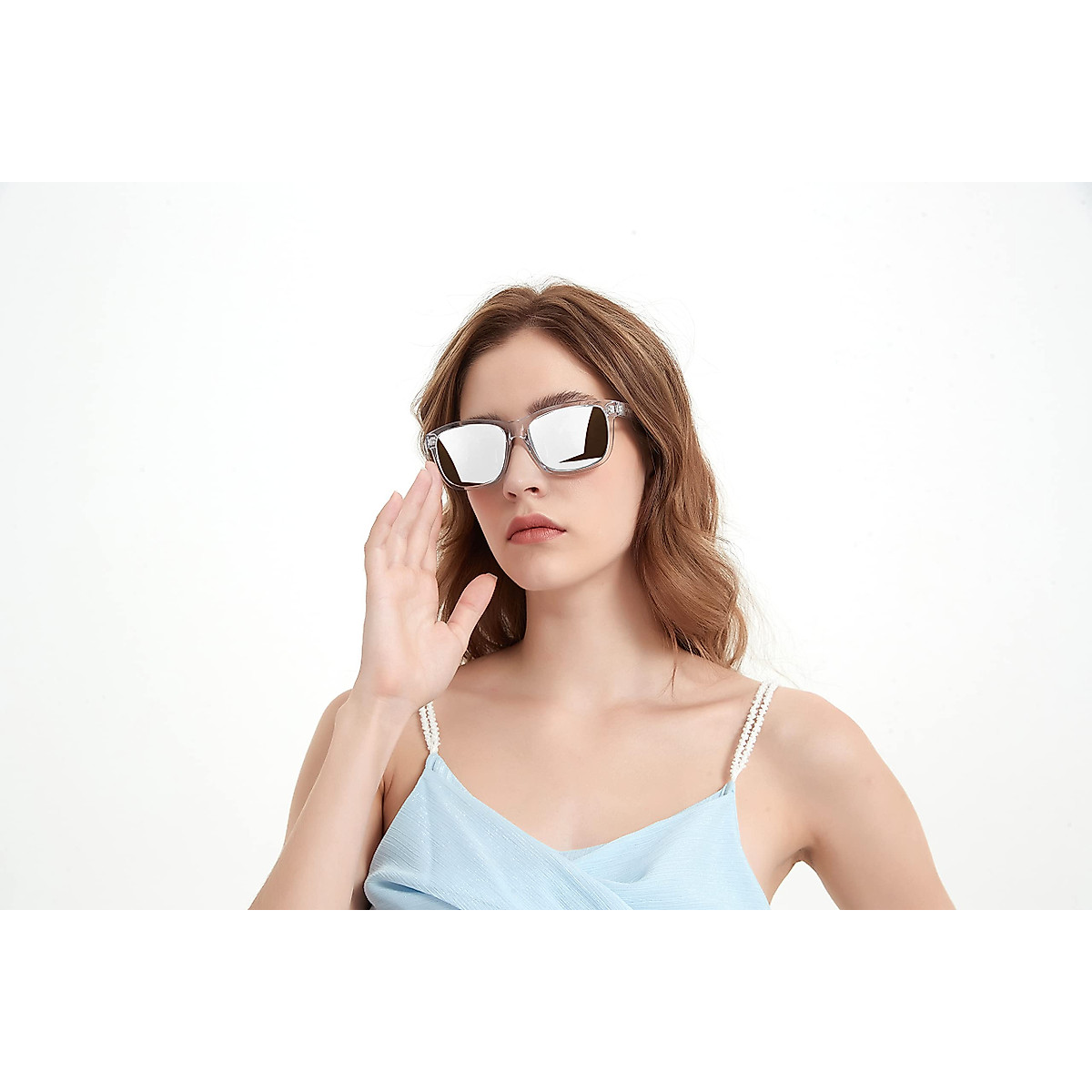 JFXQDR Polarized Sunglasses for Men and Women, XL Square Sun Glasses UV400 Protection RFS8201 (Clear Frame Mirrored Silver Lens)