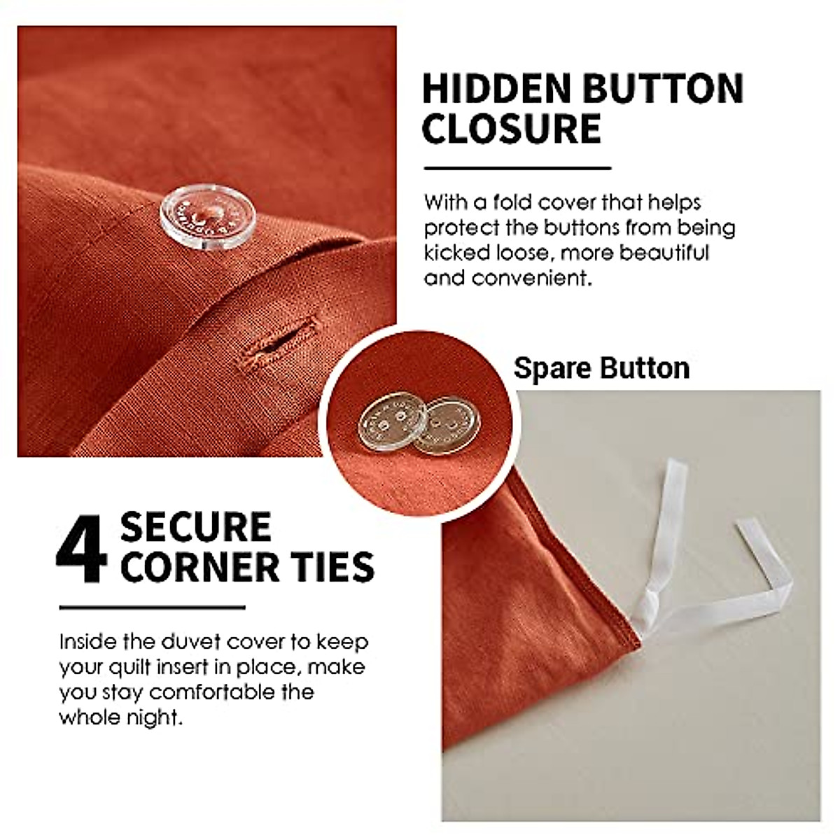 Simple&Opulence 100% Linen Duvet Cover Set 3pcs Basic Style Natural French Washed Flax Solid Color Soft Breathable Farmhouse Bedding with Button Closure - Brick Red, King