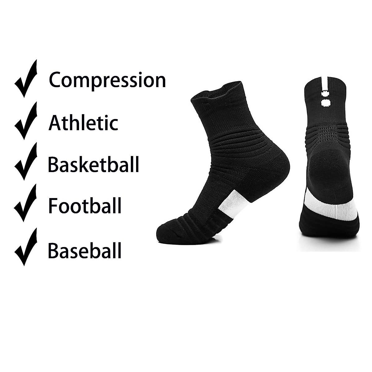 Yoknatt Performance Ankle Athletic Socks Elite Youth Basketball Socks for Mens Womens Boys Girls Mid Crew Socks Cushioned Running Compression Socks 3 Pack Black/White