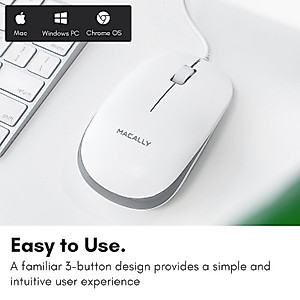 Macally USB Wired Mouse for Mac and Windows - Simple 3 Button Corded Computer Mouse Wired, Scroll Wheel Layout with Long Wire Cord - Plug and Play USB Mouse Wired for Laptop, PC Desktop, Notebook