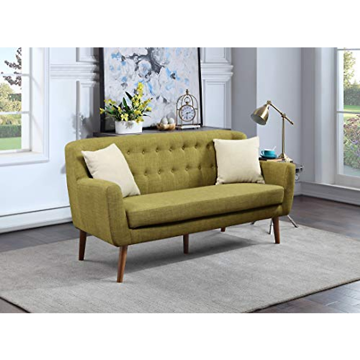 OSP Home Furnishings Mill Lane Mid-Century Modern Sofa with Button Tufted Design and Spring Cushion Support, Green Fabric