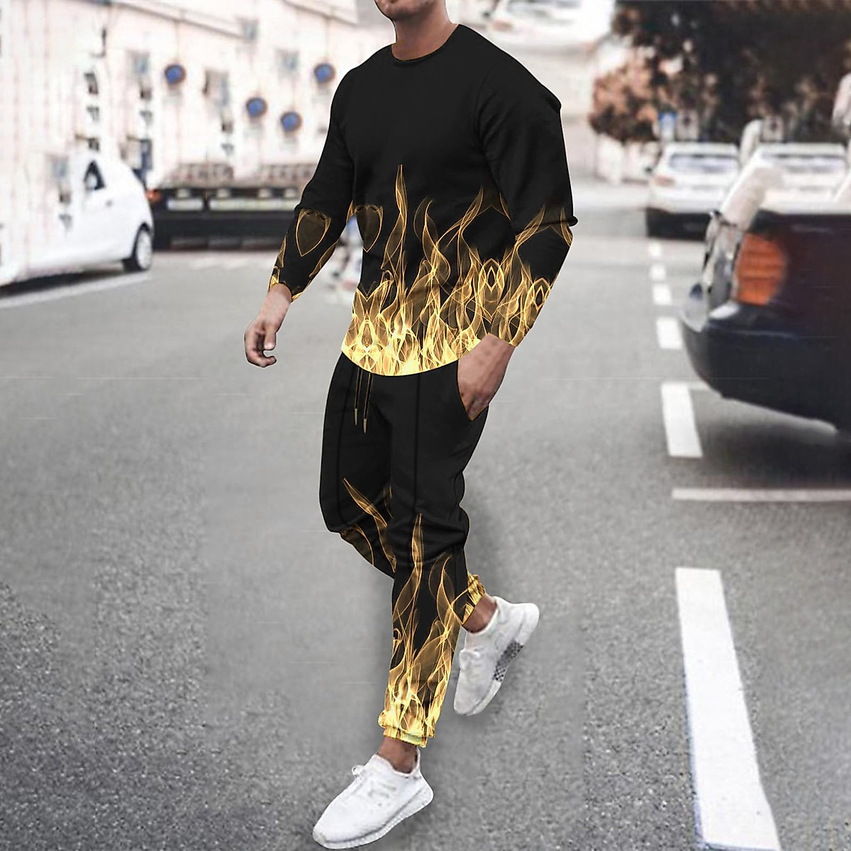 men's tracksuit 11 pieces long sleeve sets Men's Athletic 2 Pieces Tracksuit Casual 3D Flame Print Pullover Crewneck Sweatshirts Loose Sports Sweatpant Set Yellow L