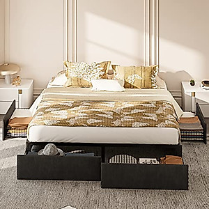 ANCTOR King Bed Frame with 4 Drawers, Faux Leather Upholstered Platform Bed, Bed with Storage No Box Spring Needed,Metal Slats Support, Easy Assembly