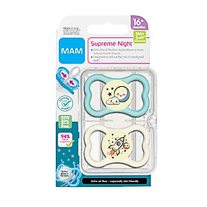 MAM Supreme Night Baby Pacifier, for Sensitive Skin, Patented Nipple, 2 Pack, 16+ Months, Unisex,2 Count (Pack of 1)