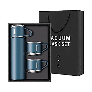 Coffee Thermos Stainless Steel Vacuum-Insulated Water Bottle, 500ml/16.9oz Insulated Bottle with Cup for Hot & Cold Drink Travel Mug (Blue, Three Cup)