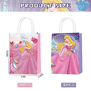16 Pcs Sleeping Beauty Party Paper Gift Bags, 2 Styles Party Favor Bags with Handles for Princess Aurora Party Decorations, Goody Bags Candy Gift Bags for Boys Girls Kids