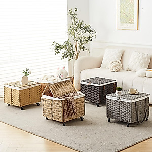 Wimarsbon Storage Basket, Foldable Rolling Hamper With Brakable Wheels and Lid, Handwave Braid Laundry Bin, Clothes Toy Organizer for Living Room (Water Hyacinth)