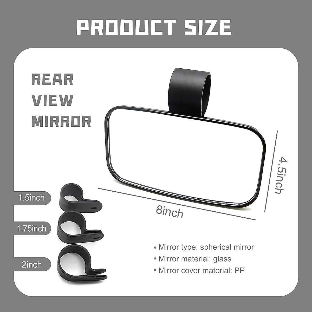 ZBGUN 1 PC Car Reversing Rearview Mirror, 4.5" x 8" 360° Adjustable Auxiliary Spherical Mirror, 1.5"/1.75"/2" Mounting Angle Universal Mounting Accessories, Suitable for Most Cars, ATVs, UTVs (Black)