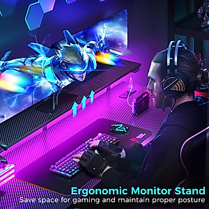 SEVEN WARRIOR Gaming Desk with LED Lights & Power Outlets, 55" Computer Desk with Monitor Shelf, Home Office Desk with Cup Holder and Headphone Hook, Ergonomic, Carbon Fiber Surface Black