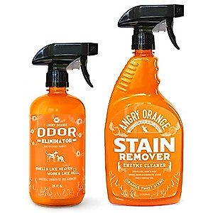 ANGRY ORANGE Pet Stain and Odor Remover - 2 Spray Pack - 32 oz Dog, Ferret, Rabbit & Cat Urine Enzyme Cleaner - 24 oz Pet Odor Eliminator for Strong Odor - for Pee on Carpet, Furniture, Tile, Wood