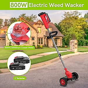 Xverycan Weed Wacker Cordless, 800W Electric Weed Eater, Garden Grass Trimmer with Battery, Charger, Wheels, Lightweight & Easy, Efficient Weeding, Red
