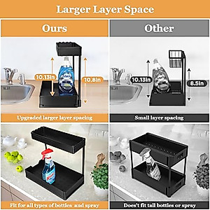 Under Sink Organizer 2 Tier, IVMAIE 2 Pack Under Sink Storage with 8 Hooks, L-Shaped Sliding Under Cabinet Shelf with Stopper, Small Plastic Undersink Organizers for Kitchen Bathroom, Black