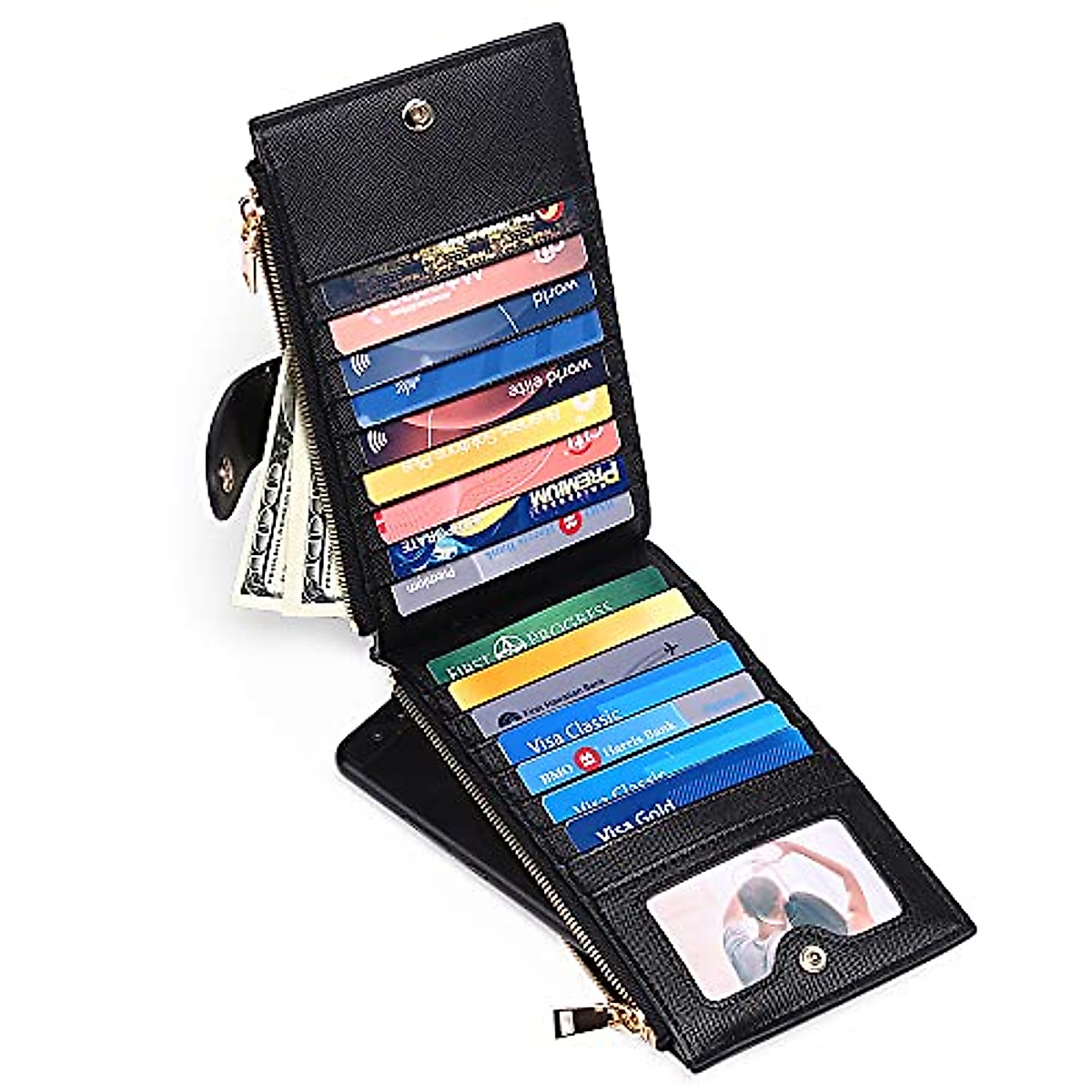 GOIACII Womens Walllet RFID Blocking Bifold Credit Card Holder with 2 Zipper Pockets Black