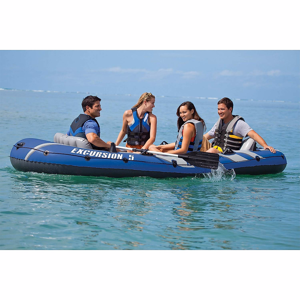 Intex Excursion Heavy Duty 5 Person Inflatable Rafting and Fishing Boat Set with 2 Oars, Air Pump, and Carry Bag for Lakes and Mild Rivers, Blue