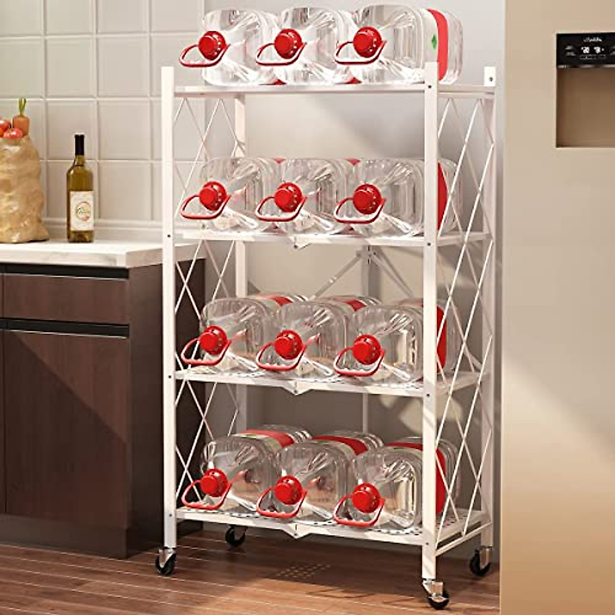VOLPONE Metal Storage Shelves with Wheels Foldable Garage Shelving No Assembly Shelving Unit for Kitchen Bathroom White 4 Tier
