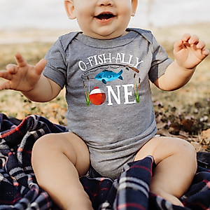 Olive Loves Apple O-Fish-Ally- ONE Boys 1st Birthday Bodysuit for Baby Boys Fishing First Birthday Outfit Granite Heather Bodysuit