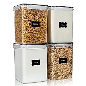 Large Food Storage Containers 5.2L / 176oz, Vtopmart 4 Pieces BPA Free Plastic Airtight Food Storage Canisters for Flour, Sugar, Baking Supplies, with 4 Measuring Cups and 24 Labels, Black