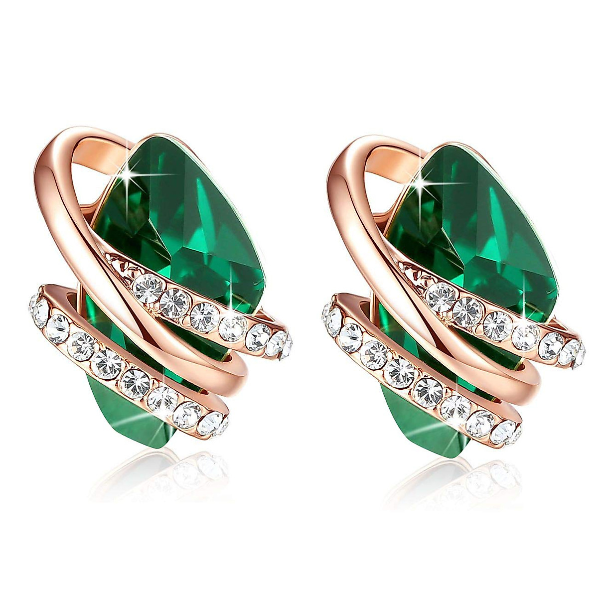 Leafael Wish Stone Stud Earrings with Emerald Green Birthstone Crystal, 18K Rose Gold Plated