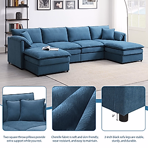 Modern U-Shaped Cloud Couch Set with Double Cushions, Chenille Modular 6-Seat Sectional Sofa Sleeper Bed with Ottomans Blue
