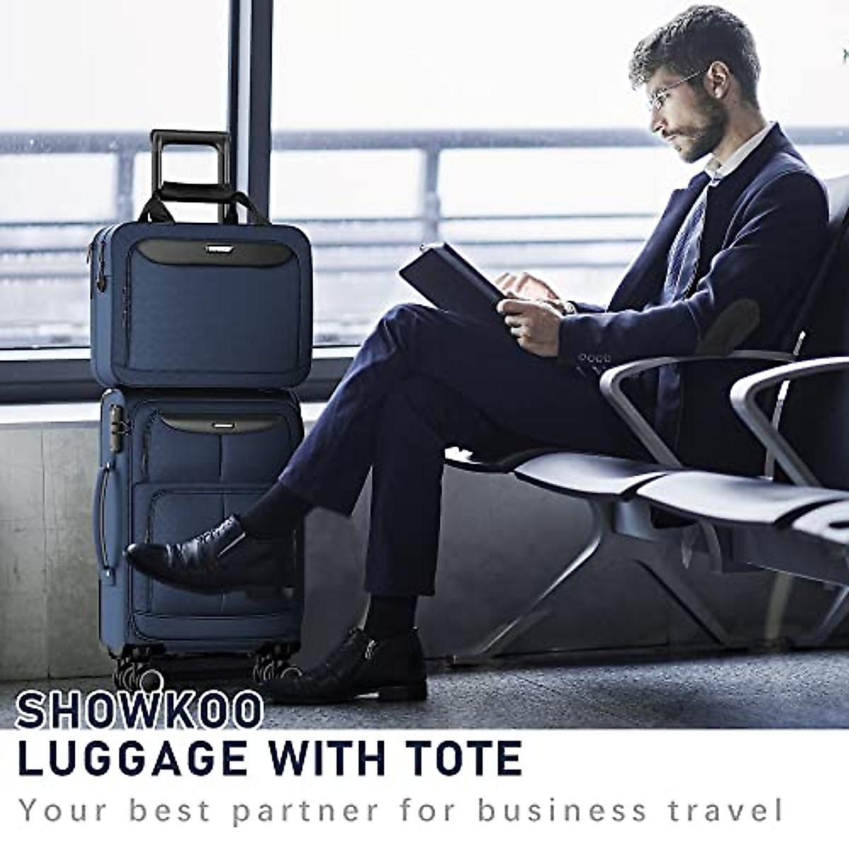 SHOWKOO Carry-on Luggage 2 Piece Softside Lightweight Durable Suitcase with Bag Tote Double Spinner Wheels TSA Lock Blue 20-inch