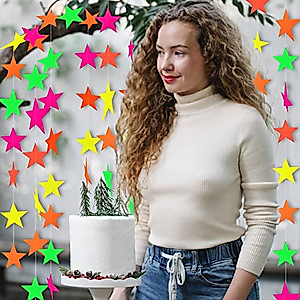 60Ft Star Neon Garland Hanging Paper Glow Party Neon Party Hanging Decoration for Birthday Wedding Neon Party Background Decoration Supplies(4Pcs)