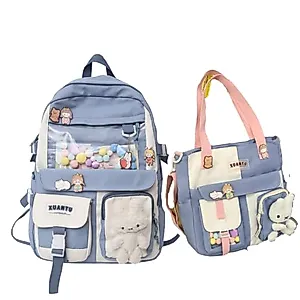 MeganJDesigns 2Pcs Kawaii Backpack for Teen Girls Aesthetic Student, Gift for Back to School, Travel Daypack Shoulder Bag Girls (Blue)