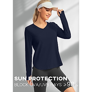 Hiverlay Long Sleeve Workout Shirts for Women V Neck UPF 50+ Athletic Shirts with Thumbhole Running Loose Active T-Shirts Navy Blue m
