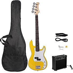 Ktaxon 4 String Electric Bass Guitar, PB-Style Full Size Standard Right Handed Beginner Kit with 20W AMP Gig Bag Strap for Youths & Adults (Yellow)