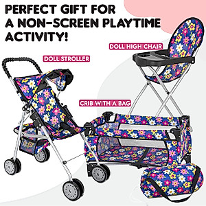 fash n kolor Doll 3 Piece Play Set Baby Doll Accessories - includes, 1 Pack N Play. 2 Doll Stroller. 3 Doll High Chair. Fits Up to 18'' Doll (Flower)