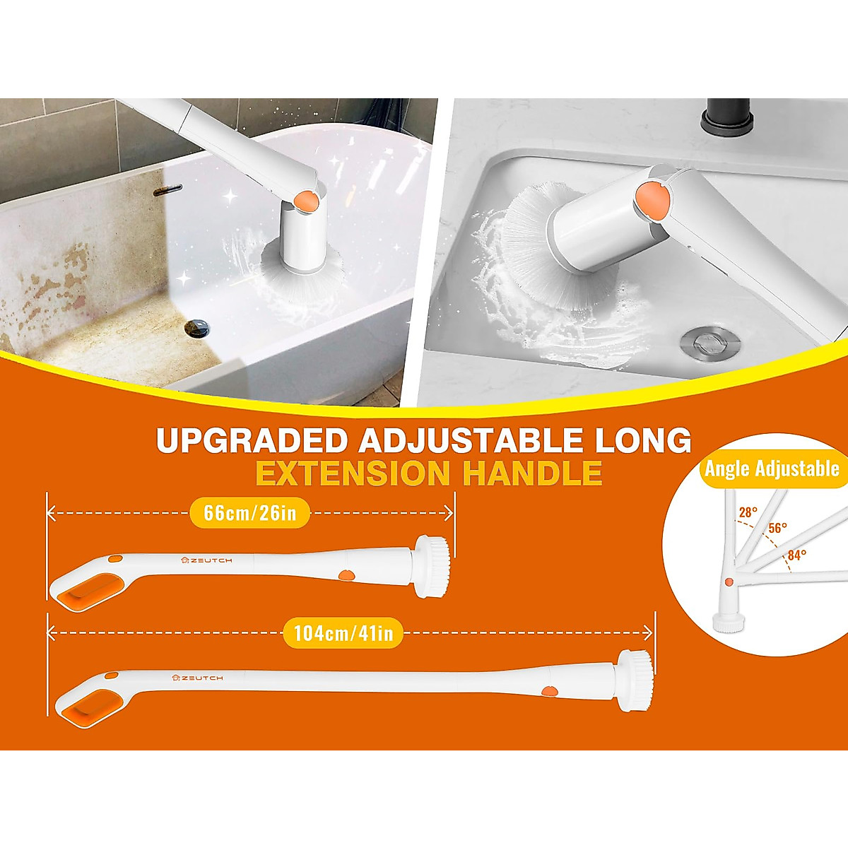 Zeutch Electric Spin Scrubber, 2024 Upgraded Cordless Cleaning Brush with Extension Arm, 4 Replaceable Cleaning Heads and Heads Holder, 74W Dual Speeds Power Scrubber for Tub, Grout, Floor, Bathroom