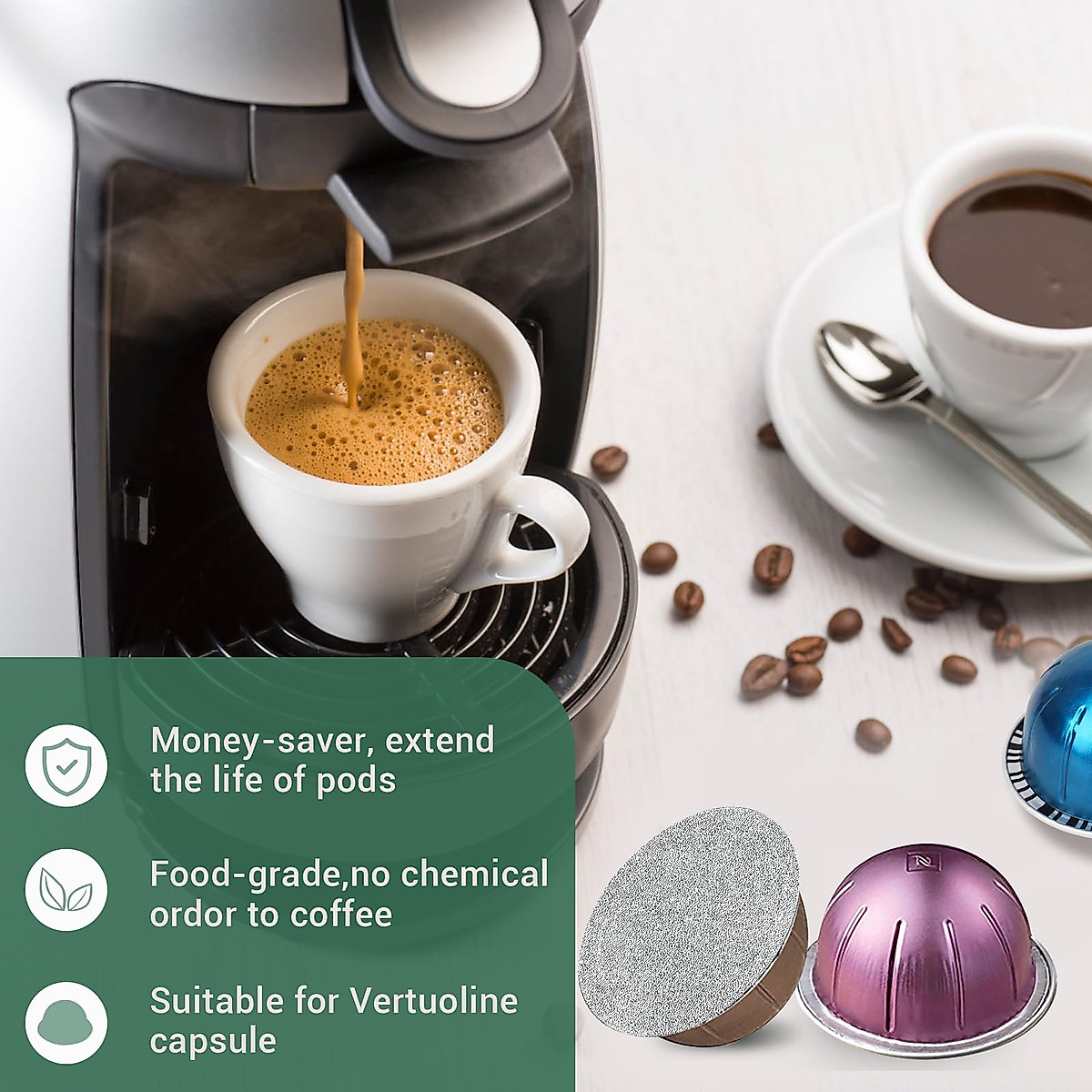 Aluminum Foils Lids to Reuse Vertuoline Capsules Coffee Pods and Refillable Pods，Compatible with Nespresso VertuoLine Machine, 64mm (100pcs)