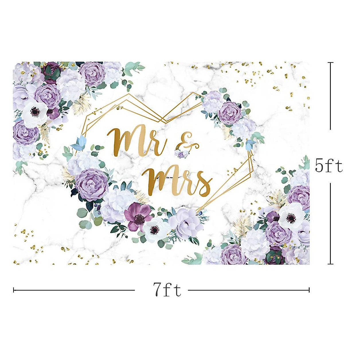 AIBIIN 7x5ft Mr and Mrs Violet Wedding Backdrop for Bridal Shower Purple and White Flowers Photography Background Hearts Geometric Couple Wedding Party Decorations Bride to Be Engagement Banner Props