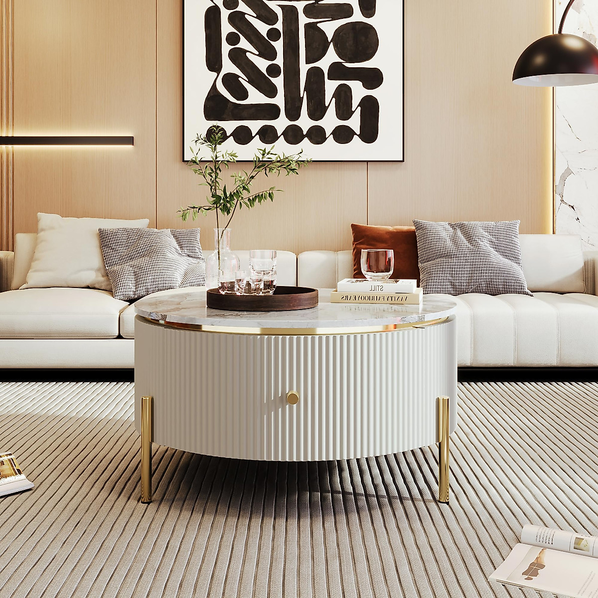 Merax Modern Round Coffee Table Set with 2 Large Drawers Storage Golden Metal Leg Circular Marble Pattern for Living Room Apartment（31.5''）, Off White