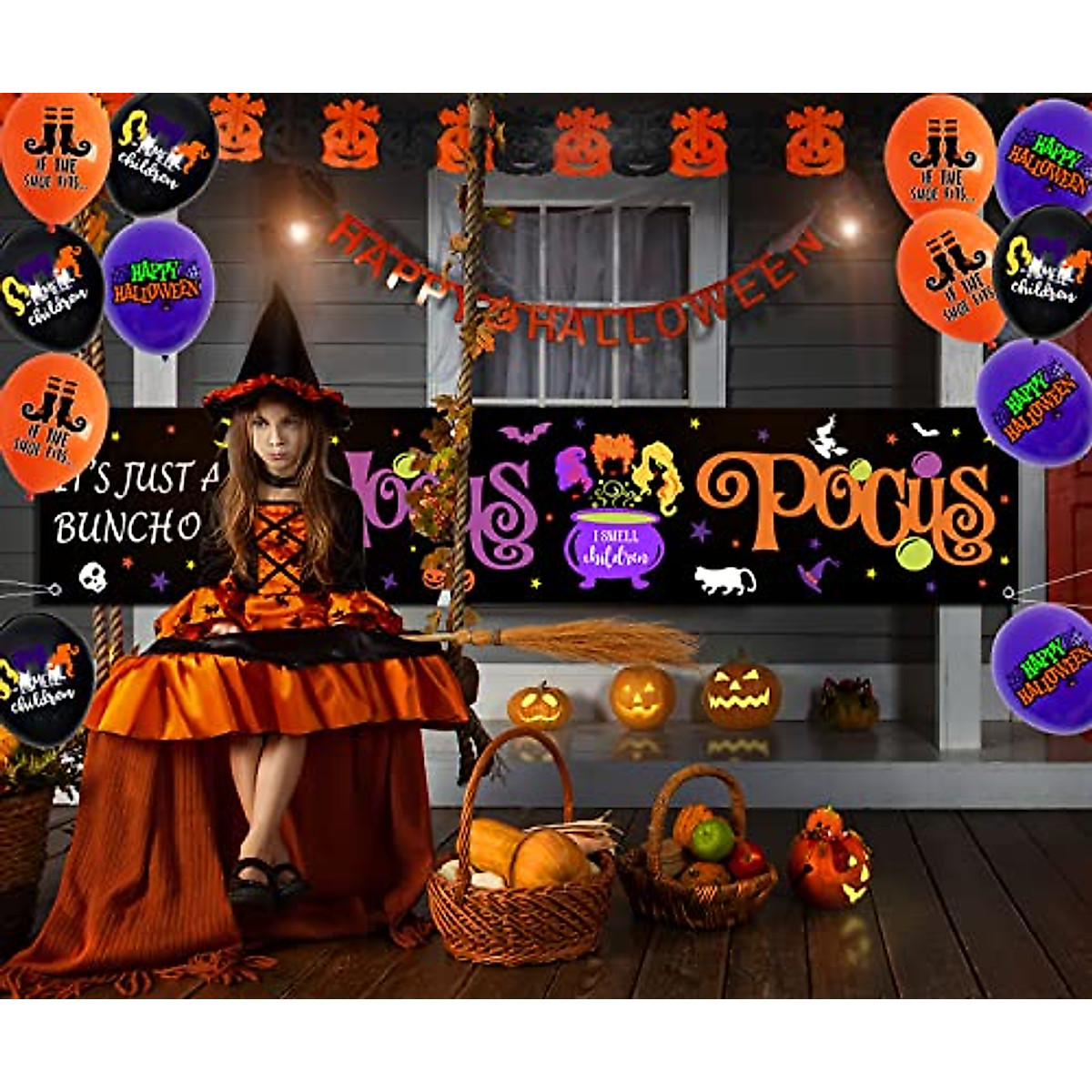 Houcs Pocus Yard Sign Banner It's Just a Bunch of Hocus Pocus Decorations Halloween Party Supplies Include Banner and 24pcs Balloons Outdoor Decoration Halloween Party Backdrop Photo Prop Background