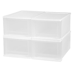IRIS USA 17 Qt. Plastic Stackable Storage Drawers, Medium, 4 Pack, Multi-Purpose Bins for Bedroom, Bathroom, Closet, Dorm, Craft Room, Garage, Nursery, Office, Under Sink, White