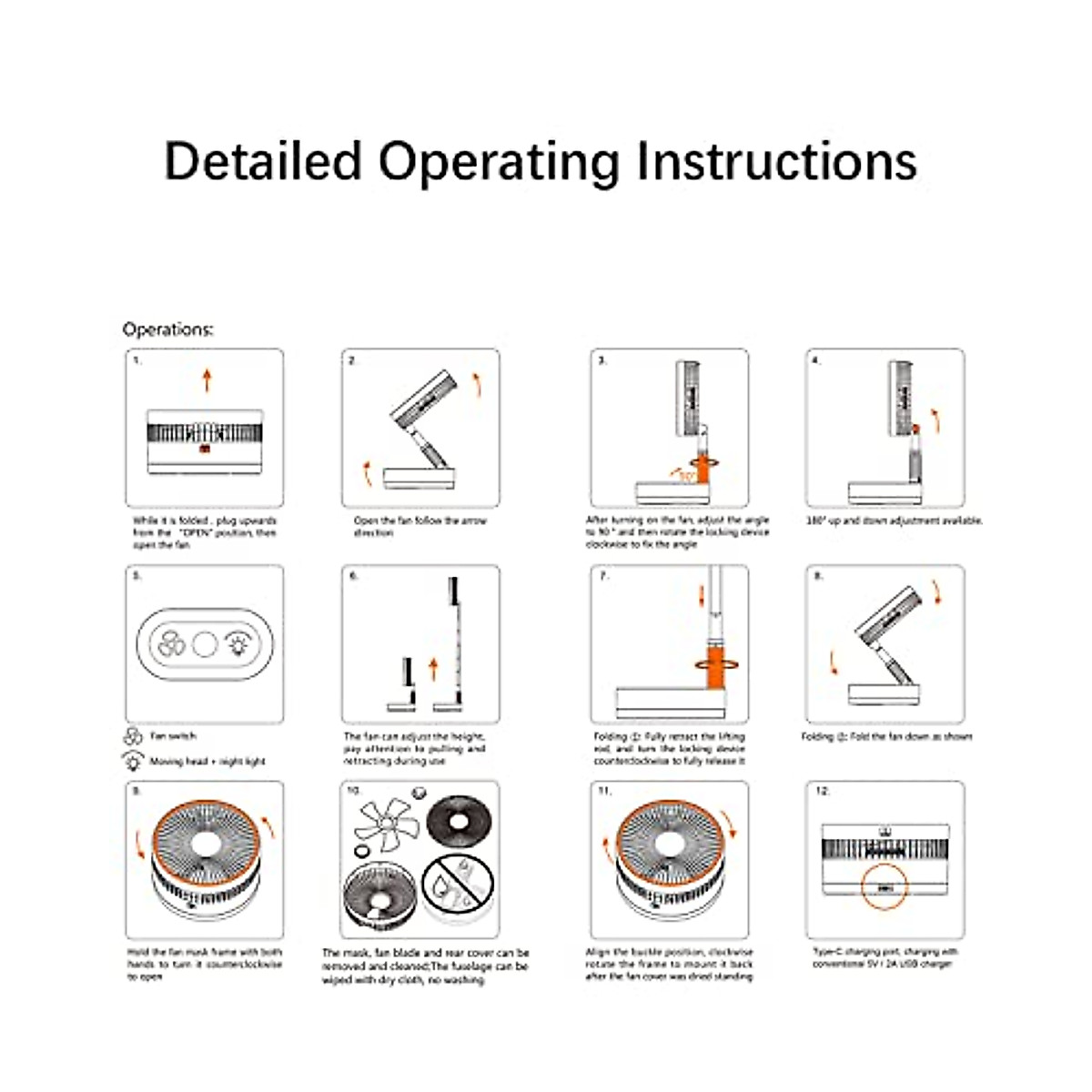 Foldable Fan Foldaway Oscillating with Remote Control, 10800mAh Battery Operated Fan, Portable Standing for Outdoor, Courtyard, Beach,Travel, Room,4 Speeds, with Timer night light (Black)