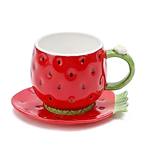 Noviko Ceramic Tea Cup and Saucer Coffee Mug Strawberry Coffee Cup with Saucer - 8 Ounce (Red)