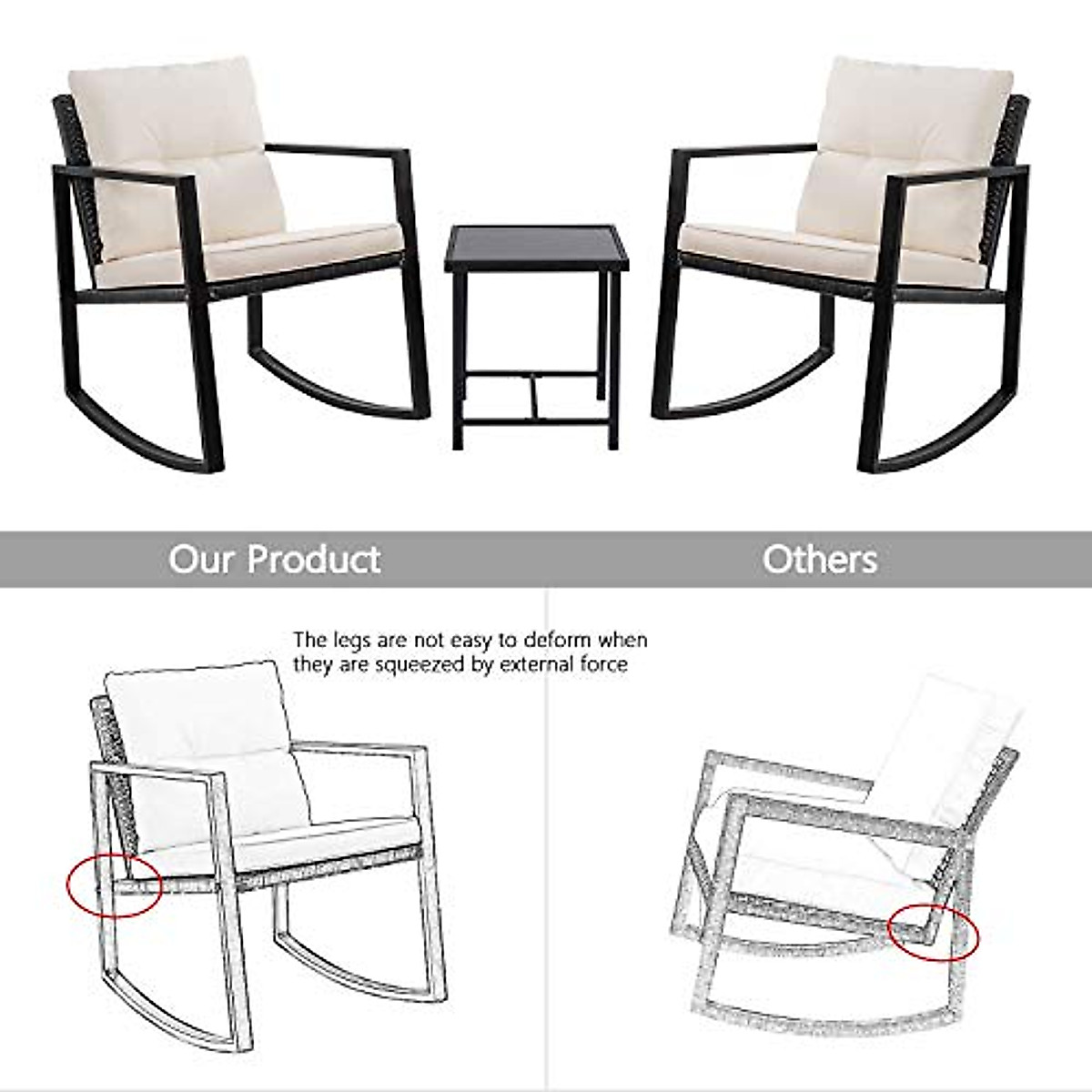 Flamaker Patio Chairs 3 Piece Wicker Rocking Chair Outdoor Bistro Sets with Coffee Table and Cushions Metal Frame Patio Furniture for Porch, Balcony, Lawn (White)