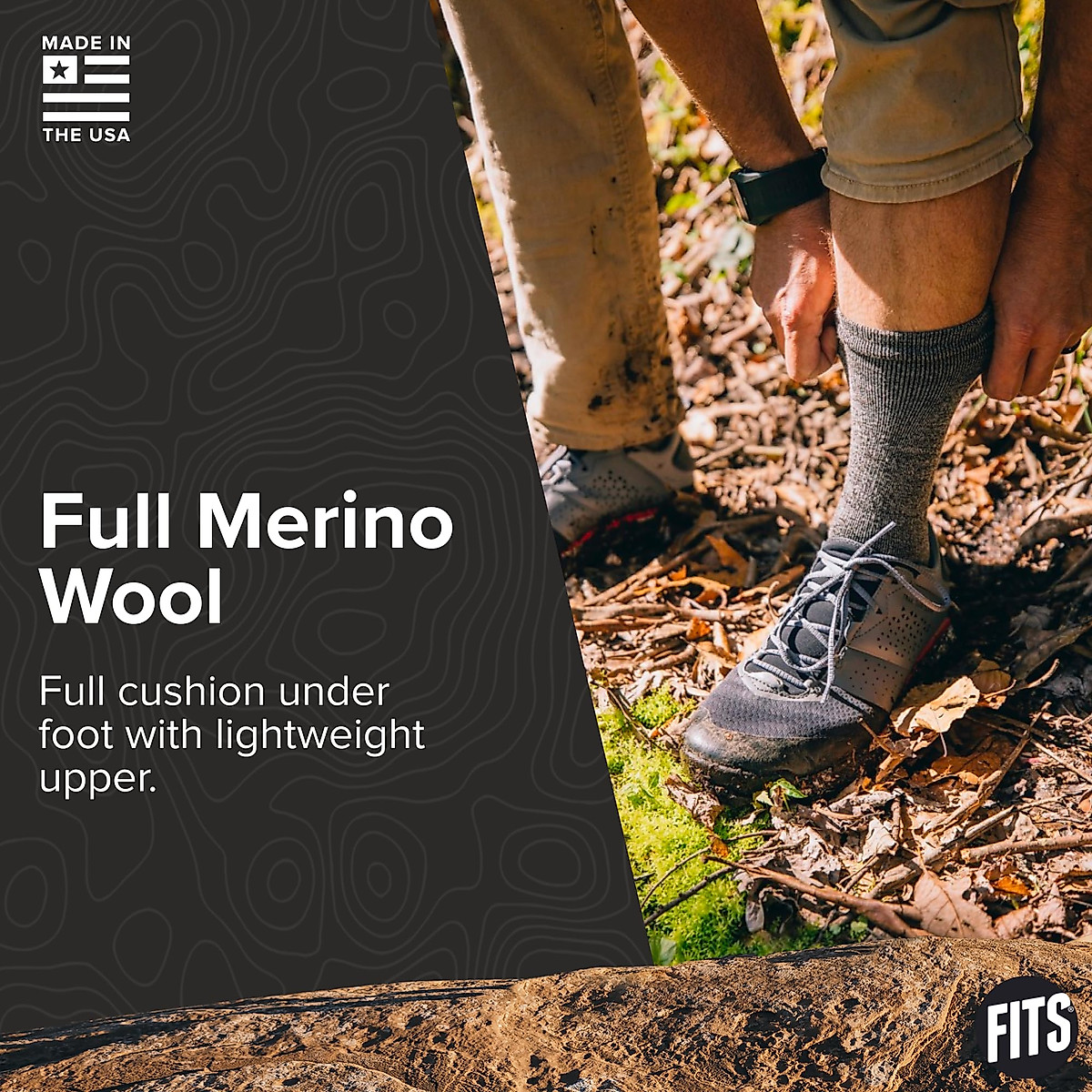 FITS Light Hiker Crew Sock for Men and Women, Made with Merino Wool, Breathable, Odor Resistant, Smart Cushioned Hiking Sock, Navy, Medium