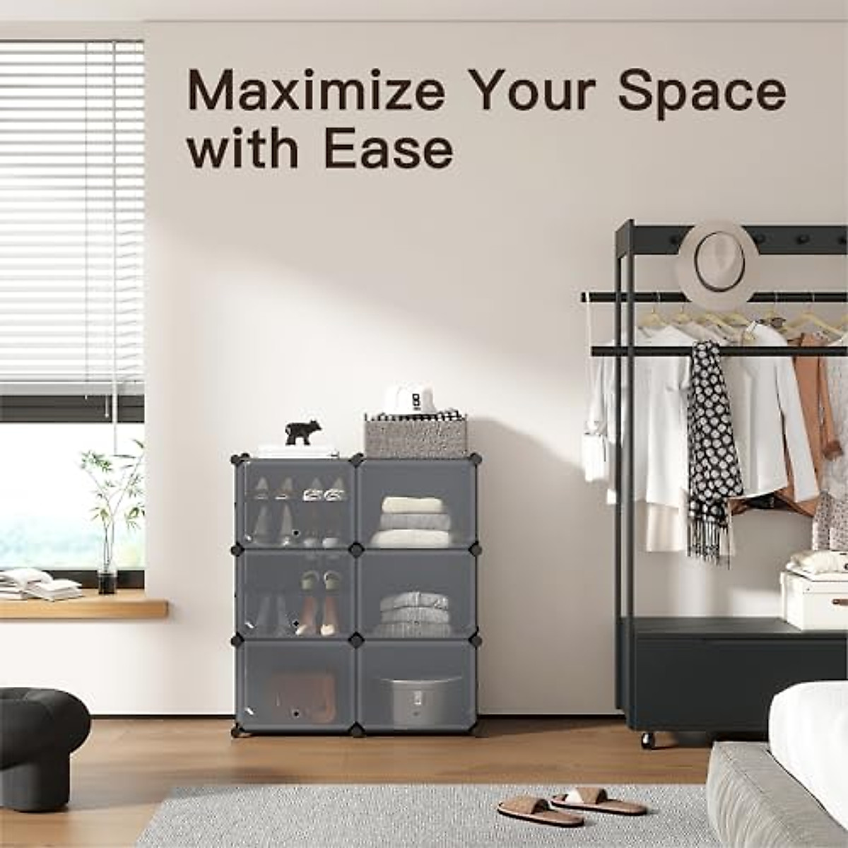 Cuzdeco Shoe Organizer Cabient, 6 Cube 12 Tiers Shoe Rack with Door, 24 Pairs Plastic Shoes Storage Cabinet Expandable Free Standing Shoe Rack, for Closet Entryway Hallway Bedroom, Black