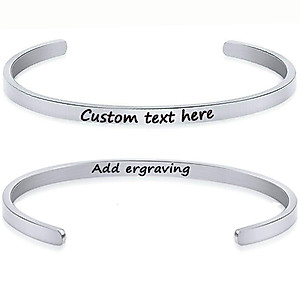 PDTJMTG Personalized Bracelet for Women Sterling Silver Custom Text Bangle (Silver (White gold plated copper))