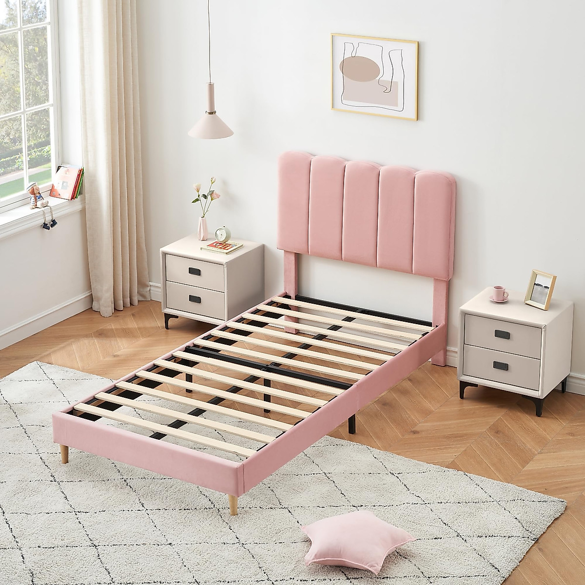 GAOMON Pink Twin Bed Frame, Velvet Upholstered Platform Bed Frame with Headboard, Strong Wooden Slats, Noise-Free,No Box Spring Needed, Easy Assembly (Pink)