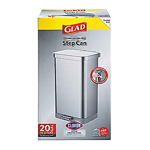 Glad Stainless Steel Step Trash Can with Clorox Odor Protection | Large Metal Kitchen Garbage Bin with Soft Close Lid, Foot Pedal and Waste Bag Roll Holder, 20 Gallon, All Stainless